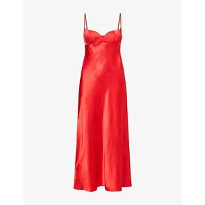 Anna October Sculpted Bodice Satin Midi Dress - Red