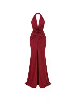 ROSERRY Mallorca Floral-appliqué Halterneck Fitted Maxi Gown Dress - Red