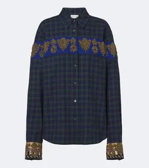 Dries Van Noten Checked Embroidered Cotton Flannel Shirt - Green