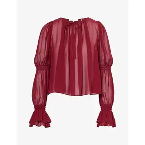 FRAME Ripple Long-sleeve Sheer Silk Blouse - Deep Garnet
