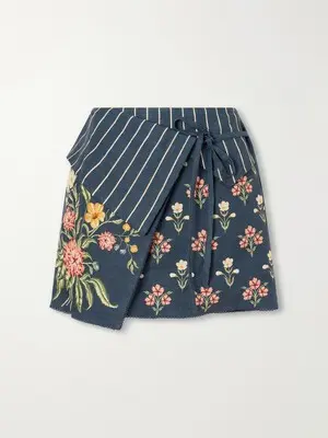 Agua Bendita Arte Striped Floral-print Linen Woven Coverup - Blue