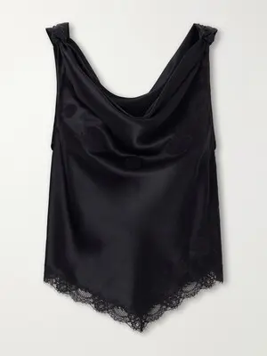 DÔEN Manon Gathered Lace-trimmed Silk-satin Top - Black