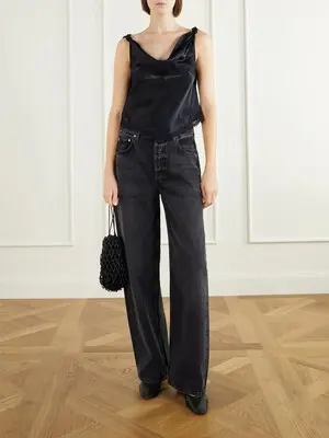 DÔEN Manon Gathered Lace-trimmed Silk-satin Top - Black