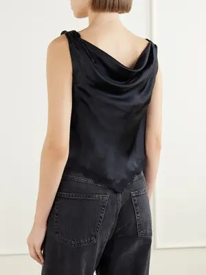 DÔEN Manon Gathered Lace-trimmed Silk-satin Top - Black
