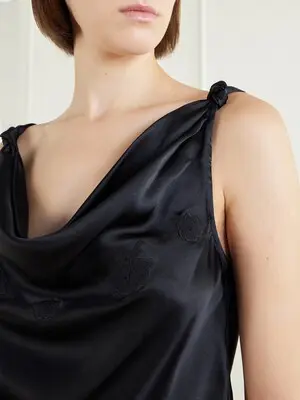DÔEN Manon Gathered Lace-trimmed Silk-satin Top - Black