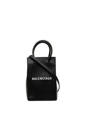 Balenciaga 2018-2026 Mini Calfskin Logo Shopping Phone Holder Satchel - Black