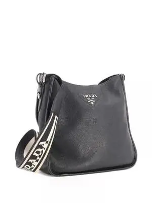 Prada Logo Strap Vitello Daino Medium Crossbody Bag - Black