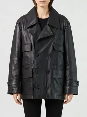 SWORD 6644 Double-breasted Relaxed Fit Leather Biker Jacket - Black