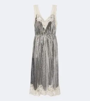 Rabanne Lace-trimmed Chainmail Midi Dress - Silver