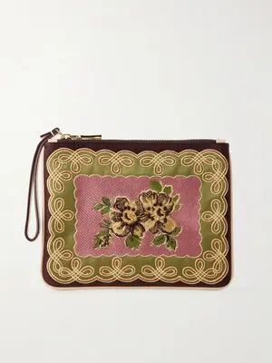 ALEMAIS Lacey Embroidered Leather-trimmed Satin Clutch