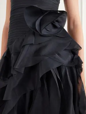 Aje Canyon Strapless Appliquéd Ruffled Plissé Chiffon Gown