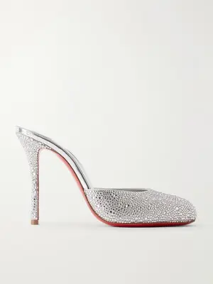 CHRISTIAN LOUBOUTIN Dolly 100 Crystal-embellished Metallic Leather Mules - Silver