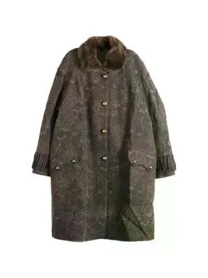 COMMUNS Jacquard-woven Faux-fur Collar Coat - Brown