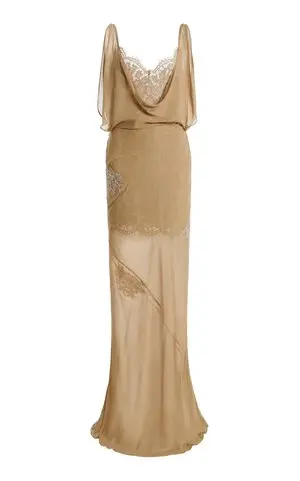 DE LA VALI Exclusive Emerald Chiffon Maxi Dress - Tan