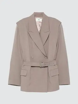 SOLOTRE Polyester Double-breasted Blazer With Waist Belt And Peak Lapels