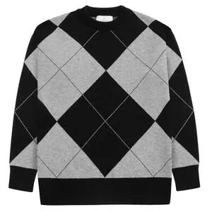PERALUNA Oxford O-neck Diamond Pattern Pullover In Black - Black/grey