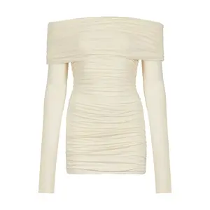 EGYPTIAN BLUE Neutrals Ivory Long Sleeve Ruched Dress - White