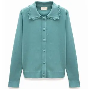 PERALUNA Laila Flat Knit Polo-neck Cardigan - Blue