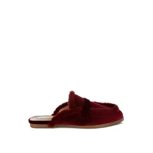 RAG & CO Seyhan Fur Detail Velvet Slip-on Mules In Burgundy By - Red