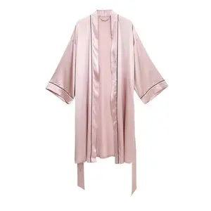 SOFT STROKES SILK Pasithea Kimono Pure Silk Robe Knee Length Double Belts And Pockets Baby Pink - Rose Gold