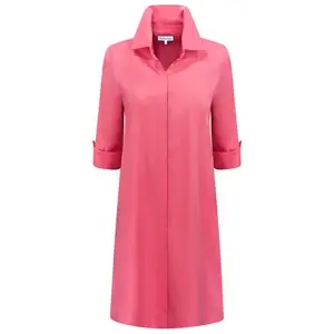 PERLAVERA Christy Coral Solid Cotton Satin Three Quarter Sleeve Length Gathered Back Midi Dress - Pink