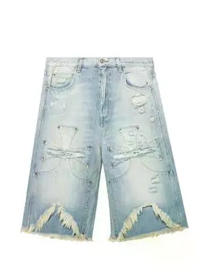 SEKRIT Chopper Distressed Denim Shorts - Blue