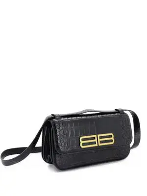 Balenciaga Gossip Flap Bag Crocodile Embossed Leather Small Shoulder Bag - Black