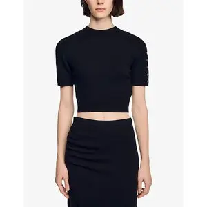 Sandro Stud-embellished Cropped Wool And Cashmere Jumper
