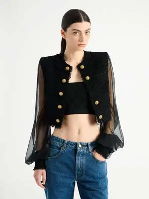 Balmain Cropped Tweed And Muslin Jacket