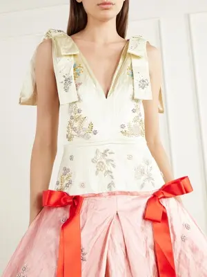 Erdem Bow-detailed Crystal-embellished Crinkled-satin Midi Gown