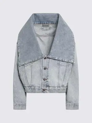 Balenciaga Cropped Bleached Denim Jacket With A Sailor Collar
