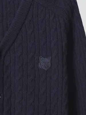 Maison Kitsuné V-neck Pure Wool Cardigan With Chillax Fox Logo Patch - Navy