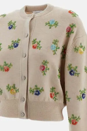Rabanne Merino Wool Knit Cardigan With Floral Embroidery