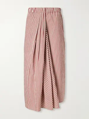 Brunello Cucinelli Asymmetric Pleated Striped Cotton-blend Seersucker Midi Skirt - Red