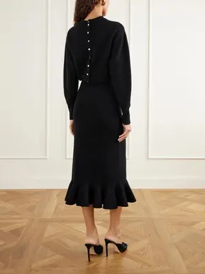 LANVIN Peplum Ribbed-trim Wool And Cashmere-blend Midi Dress