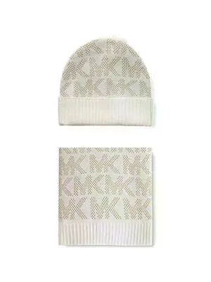 Michael Kors Monogram-knit Beanie Hat And Scarf Set - Neutrals