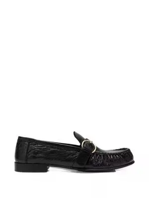 Miu Miu Buckled Crinkled Leather Loafers - Black