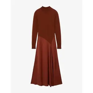 REISS Nora High-neck Knitted Woven Midi Dress - Rust Orange