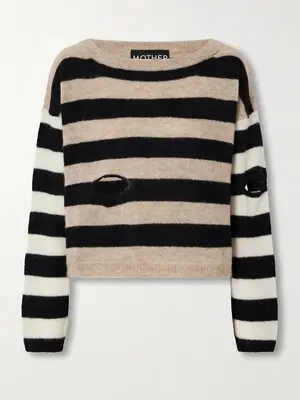 MOTHER The Cold Shoulder Distressed Cropped Striped Alpaca-blend Sweater