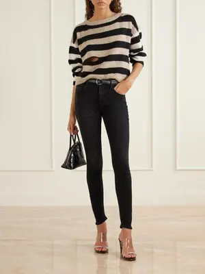 MOTHER The Cold Shoulder Distressed Cropped Striped Alpaca-blend Sweater