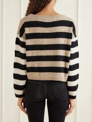 MOTHER The Cold Shoulder Distressed Cropped Striped Alpaca-blend Sweater