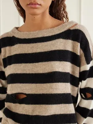 MOTHER The Cold Shoulder Distressed Cropped Striped Alpaca-blend Sweater
