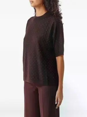 NENETTE Mahogany Rhinestone-embellished Short-sleeve Sweater