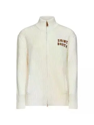 MC2 SAINT BARTH Off White Noire Wool Blend Full-zip Knit With Logo Embroidery Sweater