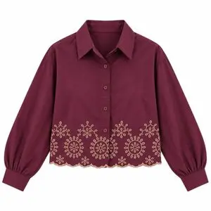 LATELIER LONDON Burgundy Embroide Blouse With Scalloped Hem - Red