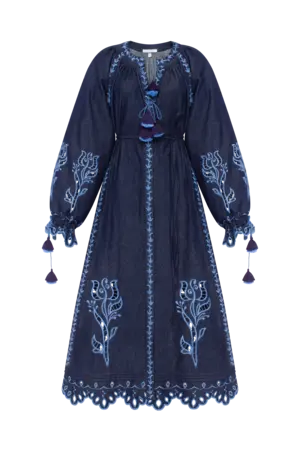 ANNABO Midnight Rose Embroidered Cotton Maxi Dress - Blue