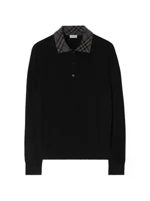 Burberry Long-sleeve Check Collar Cashmere Polo Shirt - Black