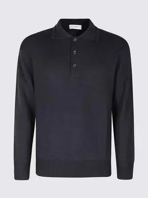 PAOLO PECORA Long-sleeved Wool Knit Polo Shirt With Three-button Placket - Navy