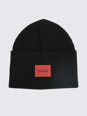 Hugo Pure Wool Beanie Hat With Turn-up Cuff And Contrast Logo Black