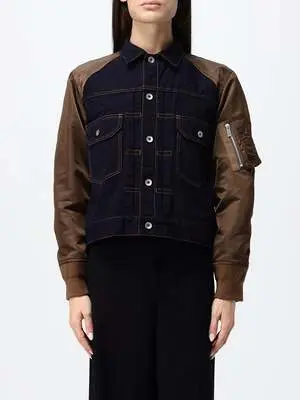Sacai Cropped Cotton Denim Jacket With Contrasting Nylon Inserts